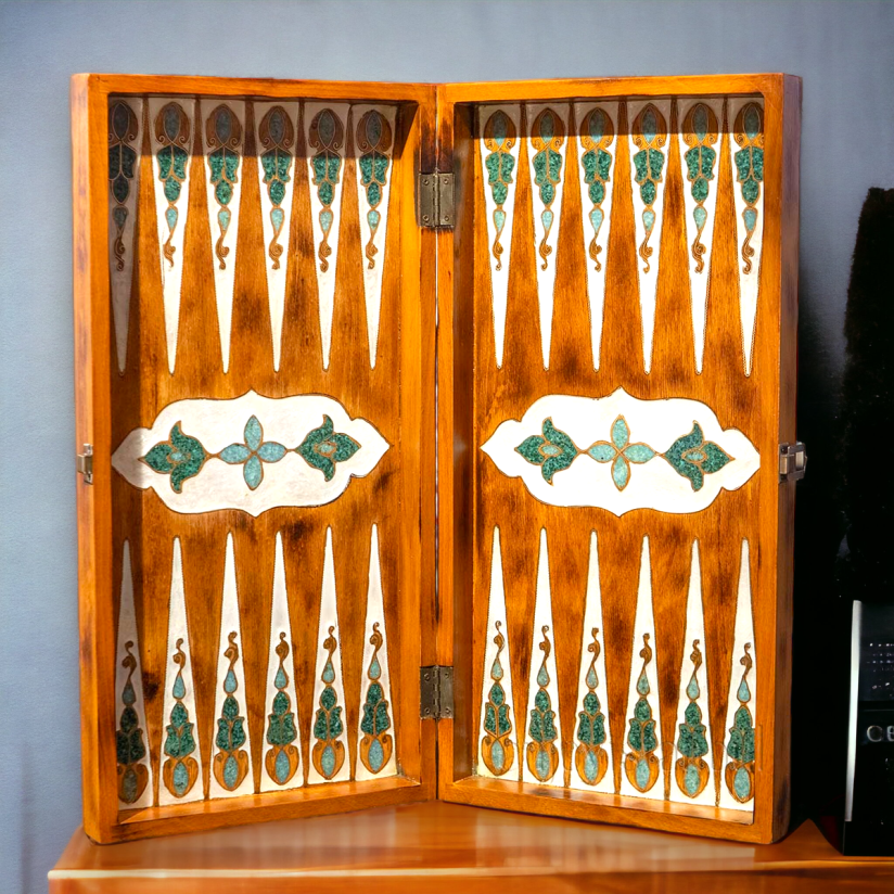 Artisanal Walnut Backgammon and Chess Set with Jade Stone, Brass Inlay ...
