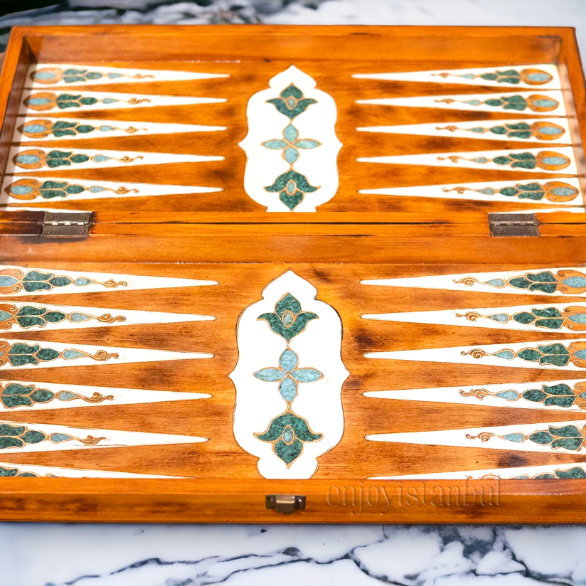 Artisanal Walnut Backgammon and Chess Set with Jade Stone, Brass Inlay ...