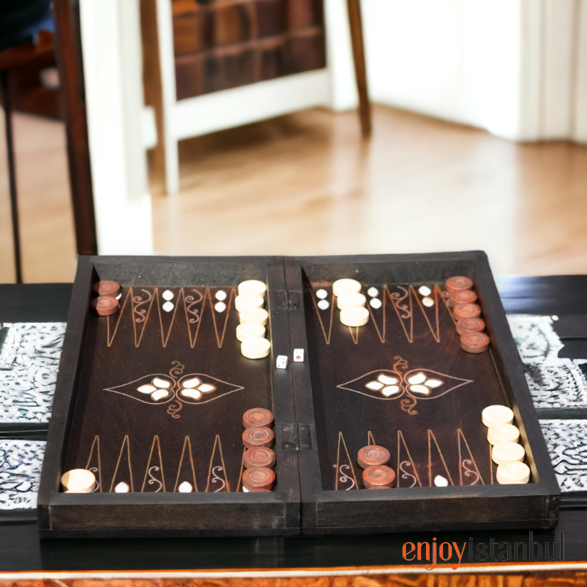 Handmade Walnut Backgammon Set with Mother of Pearl and Brass Inlay