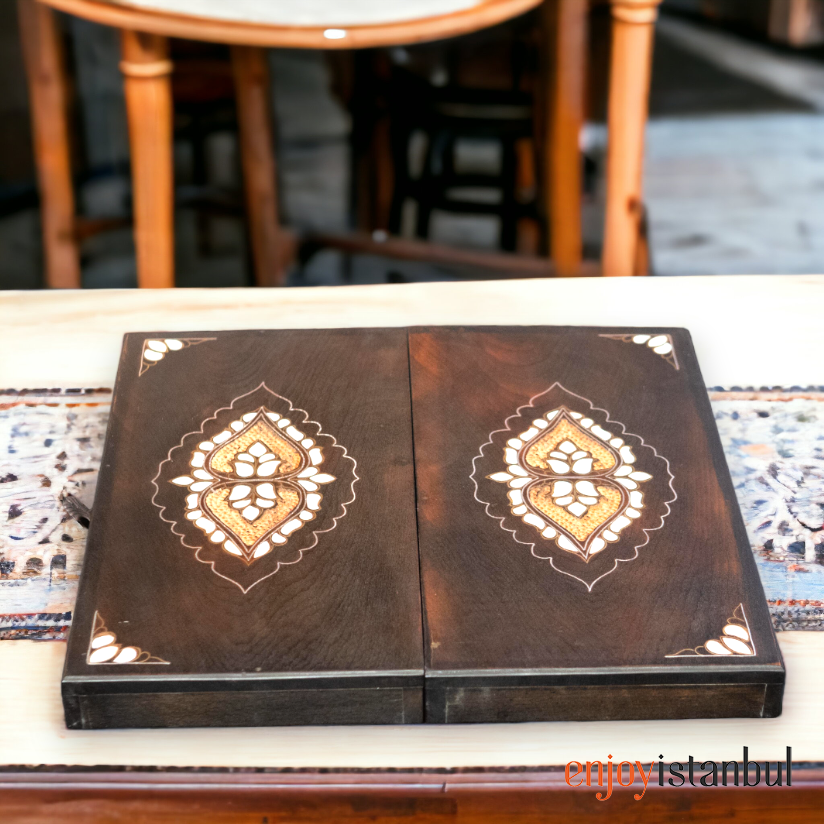 Handmade Walnut Backgammon Set with Mother of Pearl and Brass Inlay
