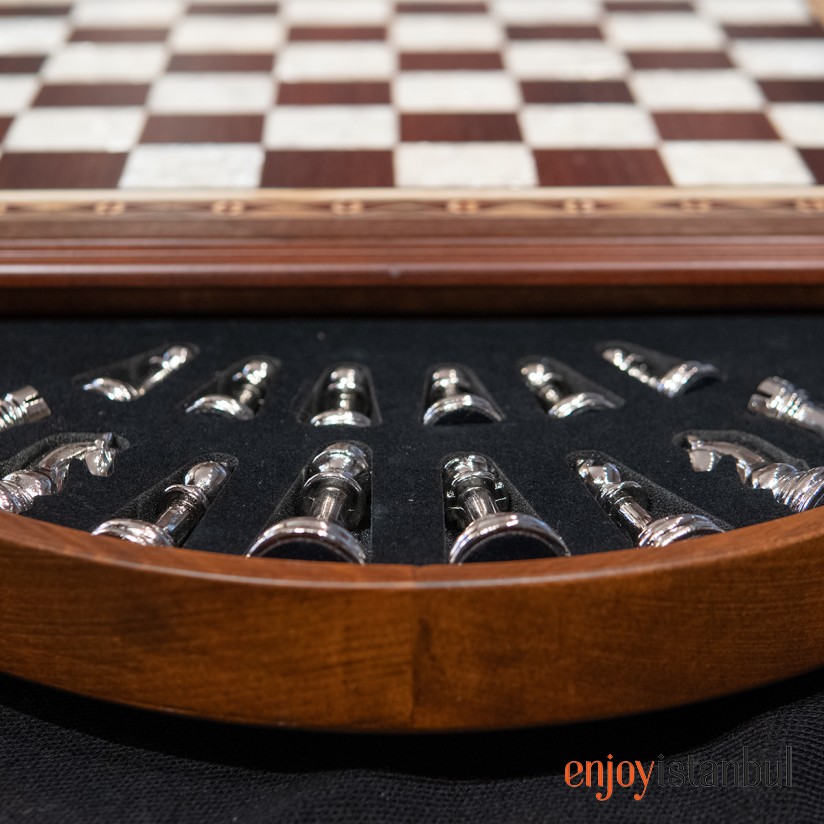 Handmade Walnut Chess Set with Mother of Pearl Inlay and Drawer, Medium ...