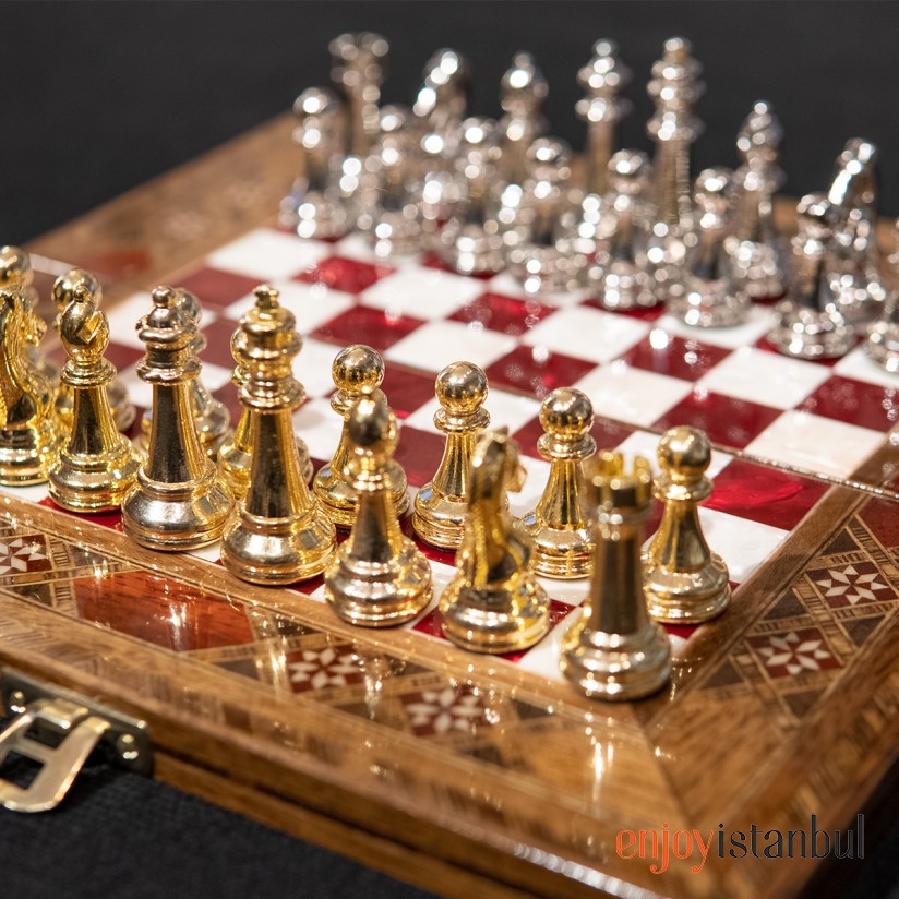 Royal Elegance: Handmade Red Walnut Chess Set with Mother of Pearl ...
