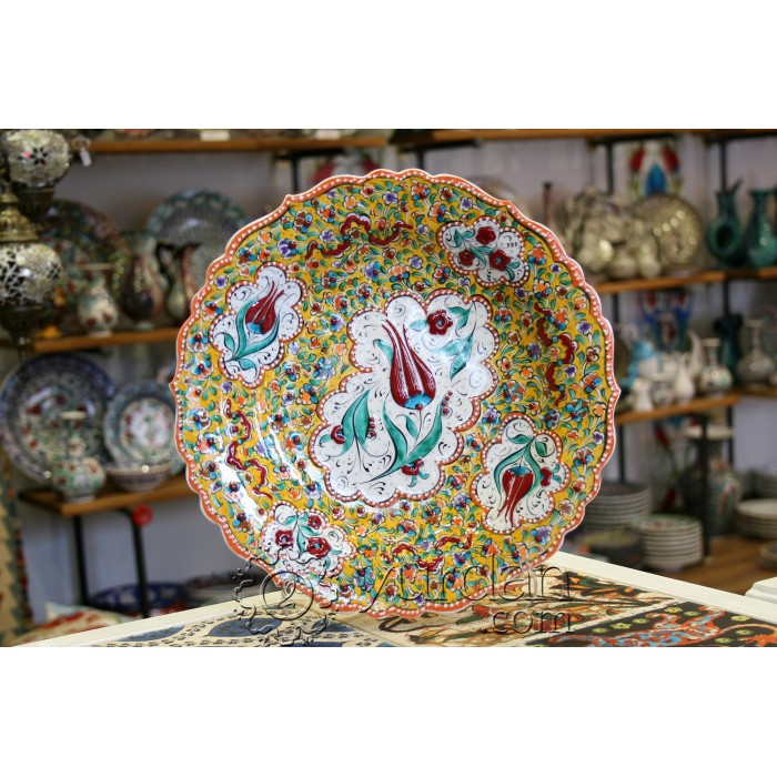 Iznik Ceramic Plate with Red Colored Tulip Design