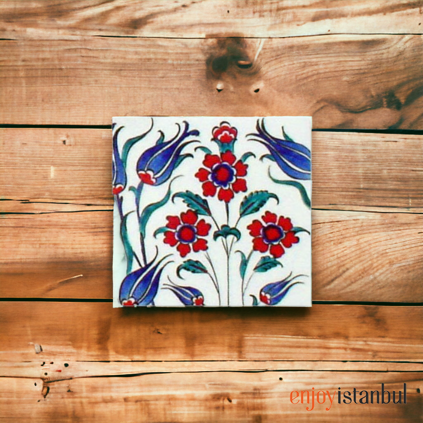 Handcrafted Ceramic Tile with Red and Blue Tulip Design: Colorful Elegance