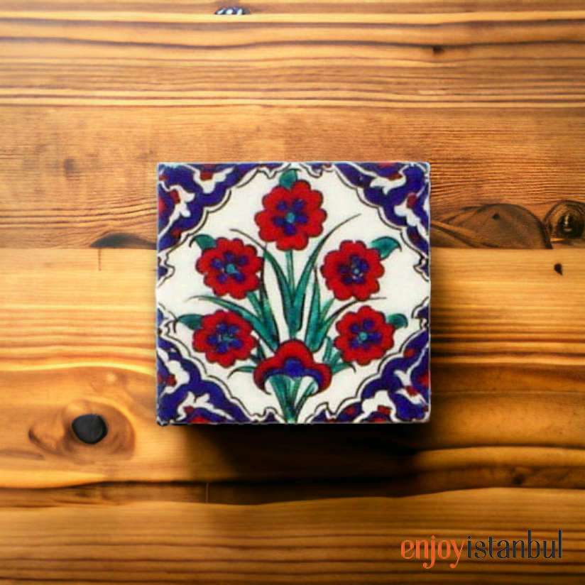 Handcrafted Ceramic Tiles with Red Floral Design