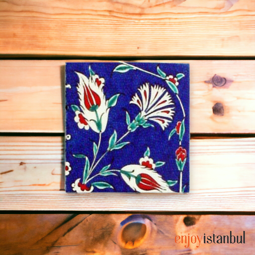 Handcrafted Ceramic Tile with Blue Flower Design