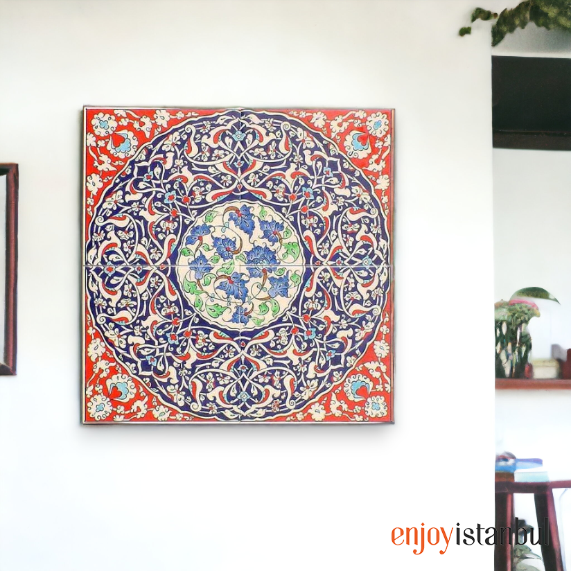 Handcrafted Tile Panel with the Stunning Harmony of Red and Blue