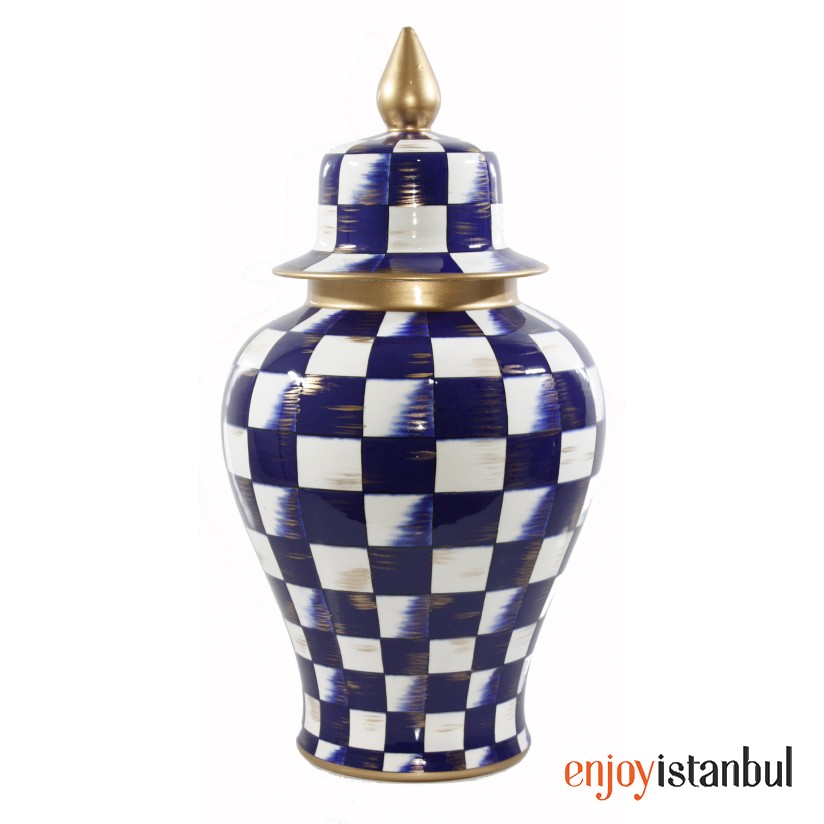 Checkerboard Decorated Decorative Tile Shah Vase 22x40 Cm