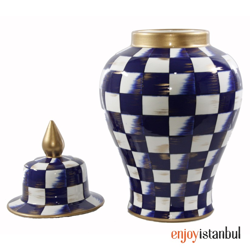 Checkerboard Decorated Decorative Tile Shah Vase 22x40 Cm