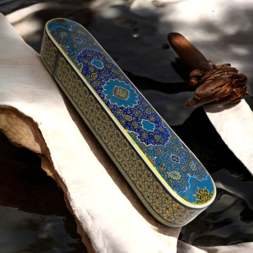 Cylinder Handcrafted wooden box with bronze-layered Iranian miniature ...