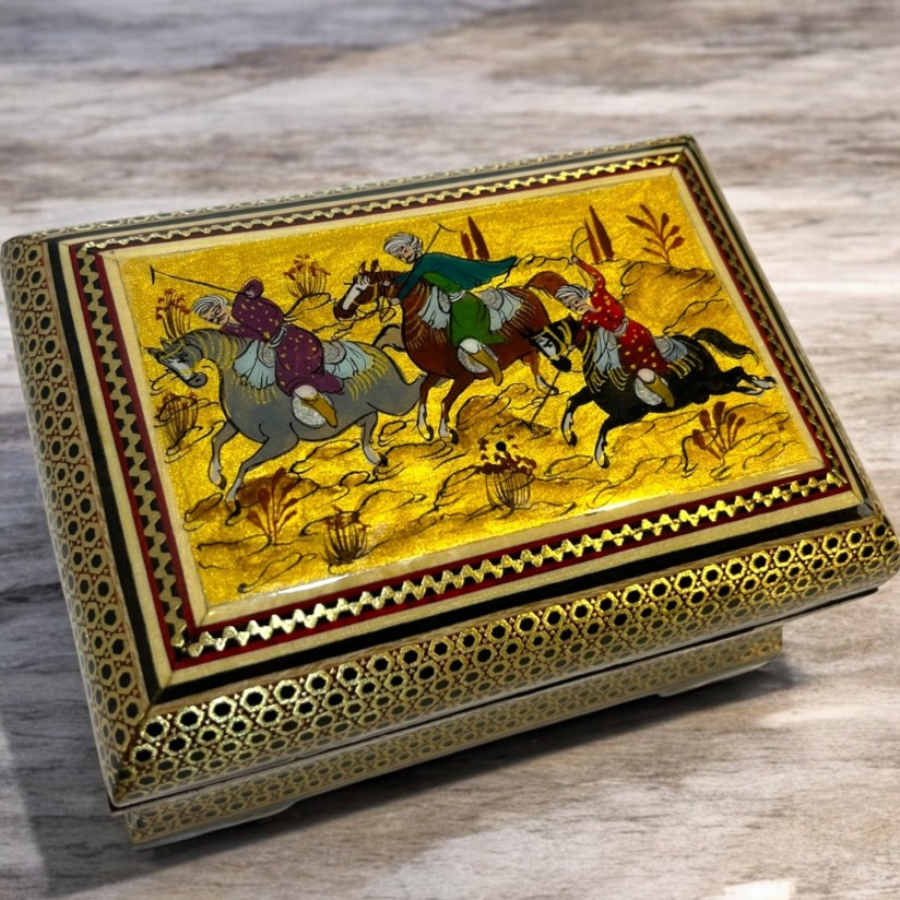 Handcrafted wooden box with bronze-layered Iranian patterns