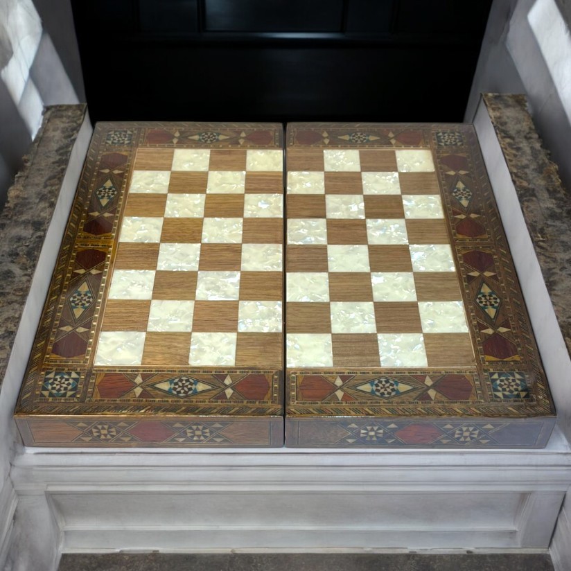 Handmade Light Brown and White Wooden Backgammon and Chess Board ...