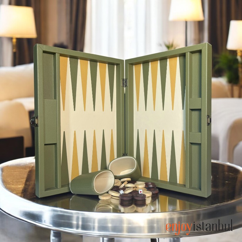 Pistachio Green Leather Backgammon Set (Small Size)