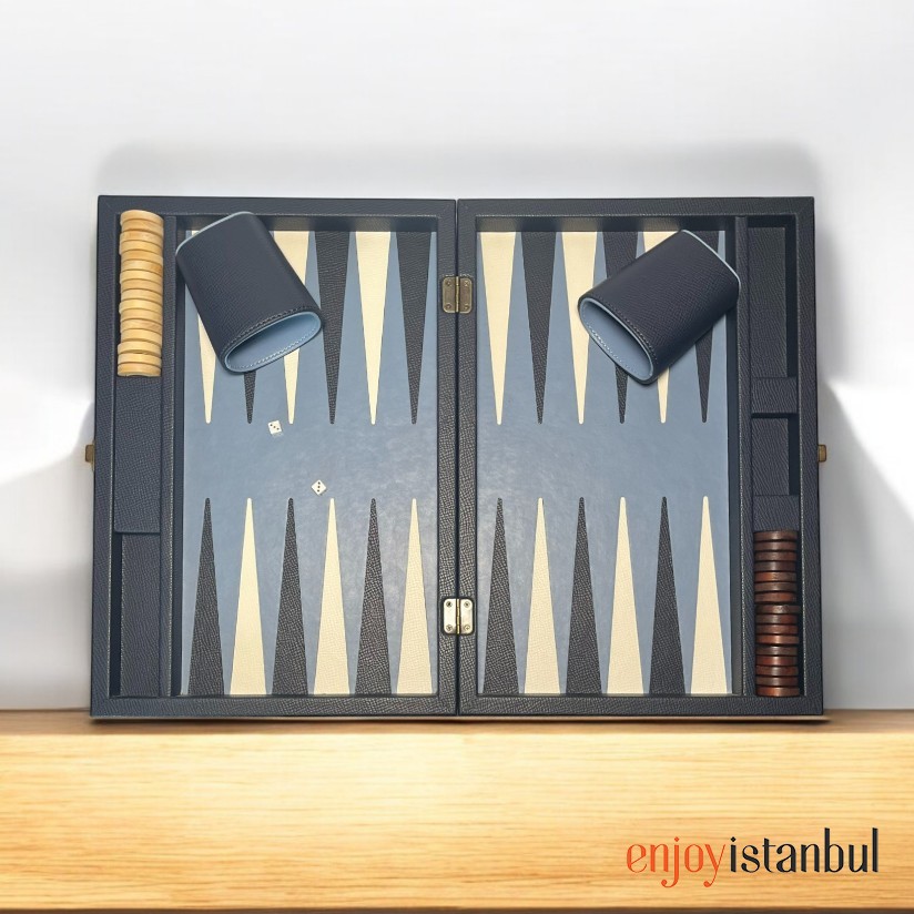 Dark Blue Leather Backgammon Set (Small Size)