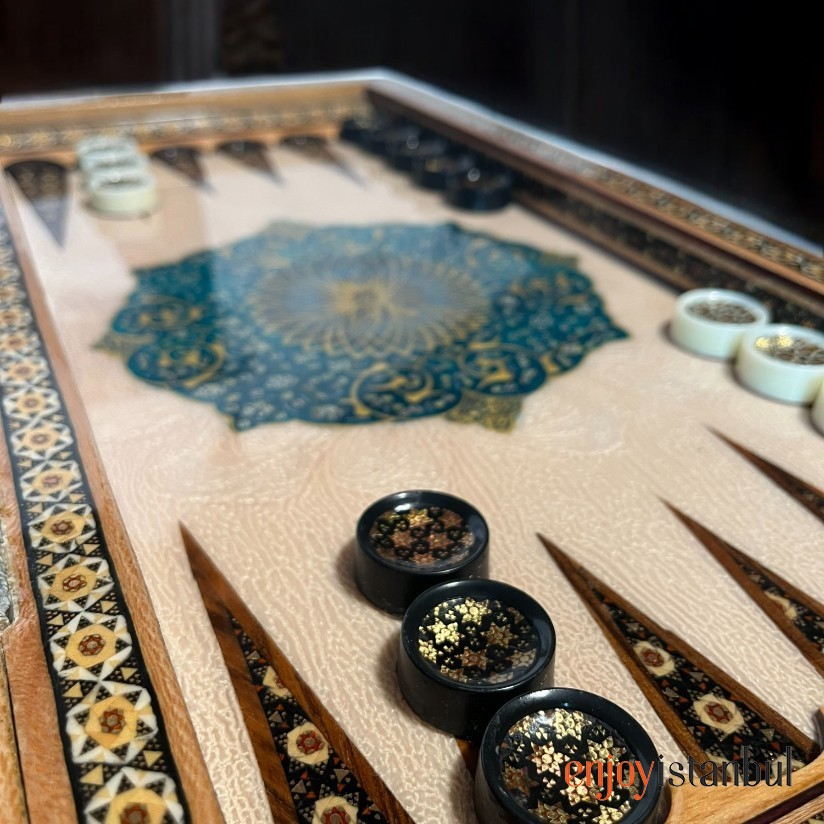 Iranian Style Bronze Inlaid Backgammon - Blue, Navy and Gold Iranian Design