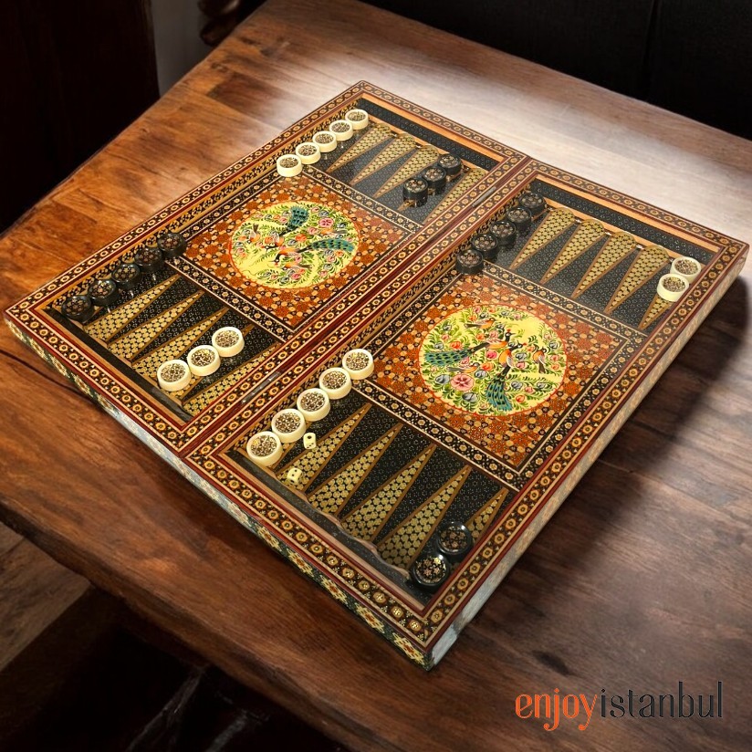 Iranian Style Bronze Inlaid Backgammon - Miniature Design with Colorful ...