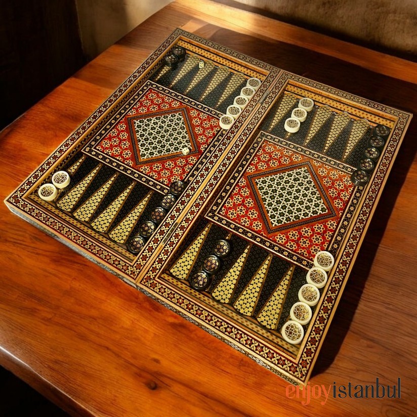 HandMade Iranian Style Bronze Inlaid Backgammon - Elegant Design with Red Interior Details