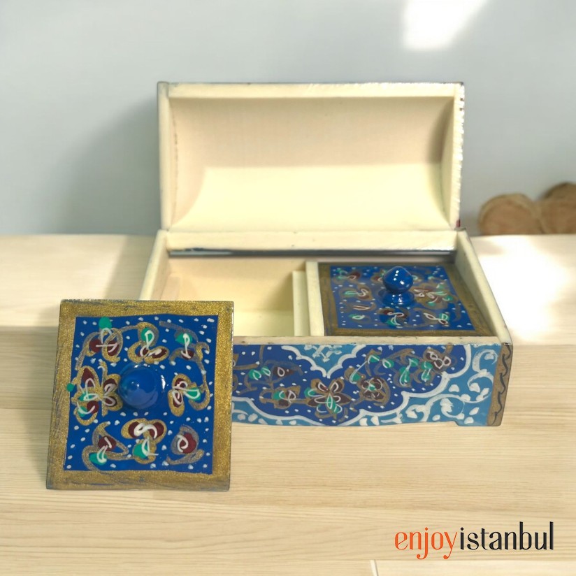 Handmade Iranian Bone Jewellery Box – Dark Blue Design, Two Interior ...