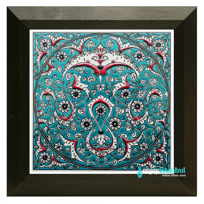Iznik Ceramic Tile with Frame Turquoise With Red Details