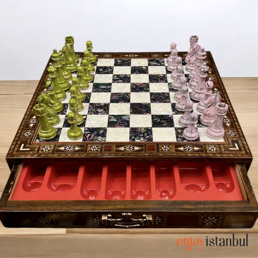 Handcrafted Wooden Chess Set with Mother-of-Pearl Inlay – 15.7 x 15.7 x ...