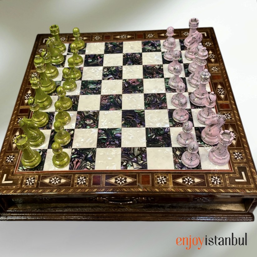 Handcrafted Wooden Chess Set with Mother-of-Pearl Inlay – 15.7 x 15.7 x ...