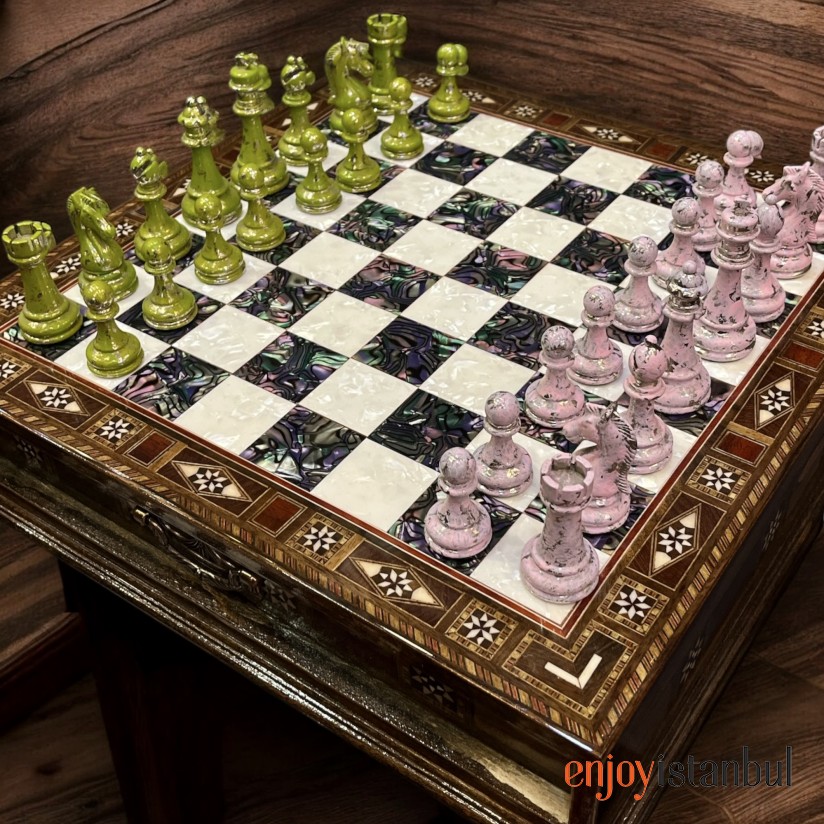 Handcrafted Wooden Chess Set with Mother-of-Pearl Inlay – 15.7 x 15.7 x ...