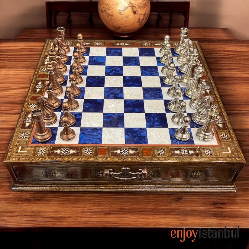 Handcrafted Wooden Blue and White Chess Set with Mother-of-Pearl Inlay ...