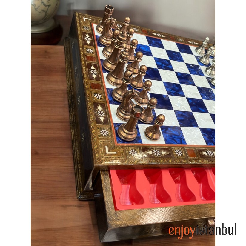Handcrafted Wooden Blue and White Chess Set with Mother-of-Pearl Inlay ...