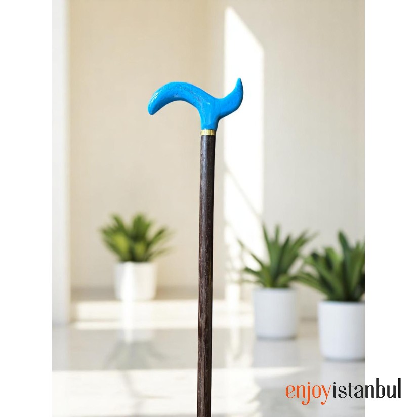 Slim Walnut Walking Stick – 95 cm | Handcrafted with Blue-Toned Handle