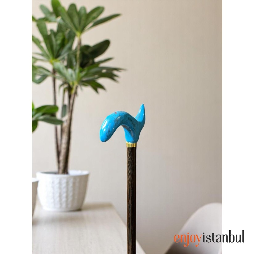 Slim Walnut Walking Stick – 95 cm | Handcrafted with Blue-Toned Handle