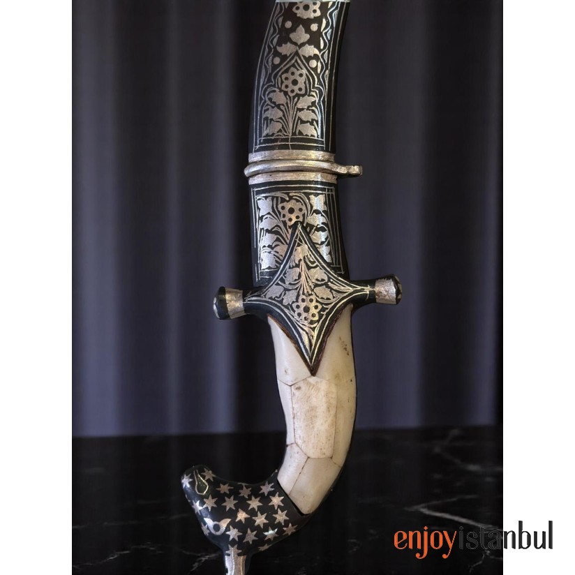 Handcrafted Dagger – Damascus Core, Silver Sheath & Carved Bone Handle 30cm