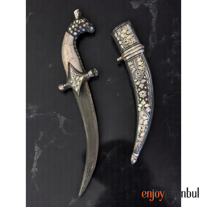 Handcrafted Dagger – Damascus Core, Silver Sheath & Carved Bone Handle 30cm