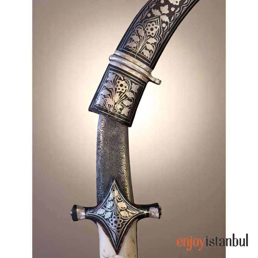 Handcrafted Dagger – Damascus Core, Silver Sheath & Carved Bone Handle 30cm
