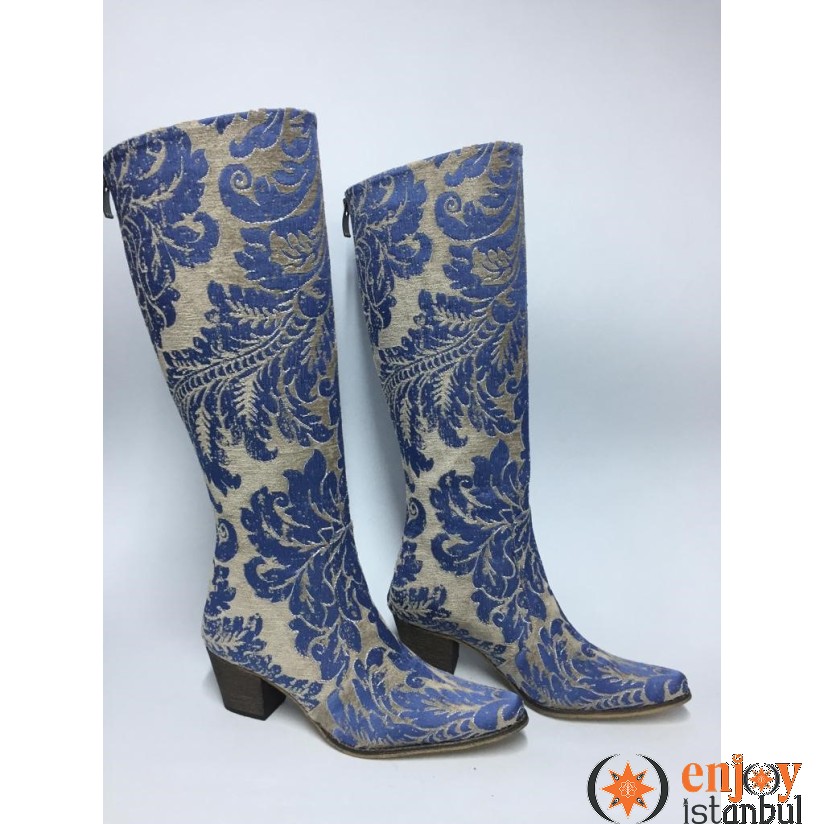 Blue Custom Made Fabric Boots